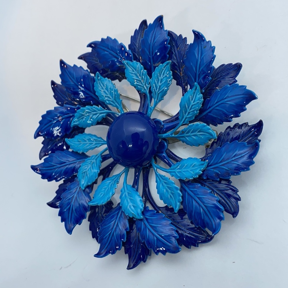 Vintage Big Blue Flower Enamel Brooch Pin - Gem
